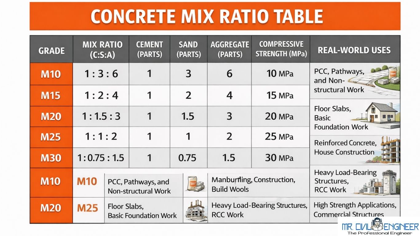 Concrete Mix Ratio Table (M10 to M30) | Proportions & Uses